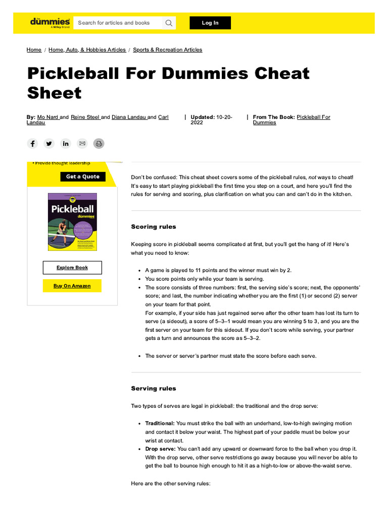 Pickleball For Dummies Cheat Sheet | PDF