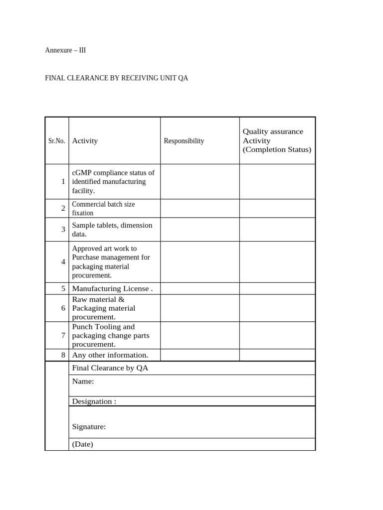 Annexure - III Final Clearance by Receiving Unit Qa Tot Protocol | PDF