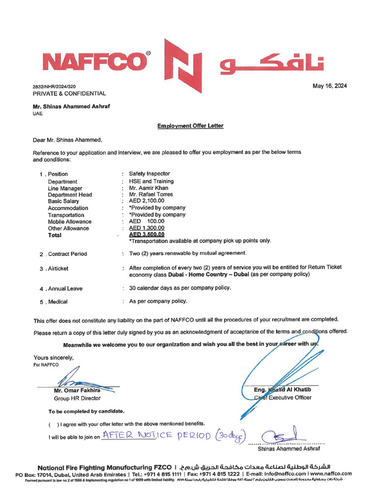 Offer Letter - Shinas Ahammed Ashraf - Safety Inspector - HSE and ...
