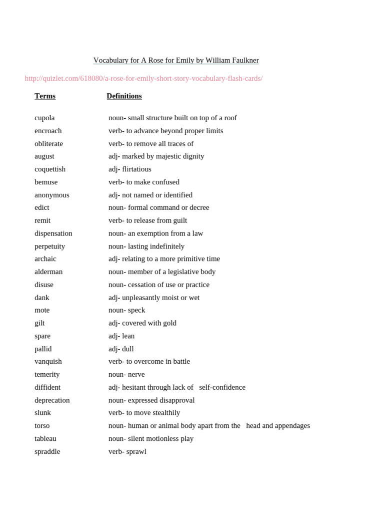 Vocabulary For A Rose For Emily by William Faulkner | PDF