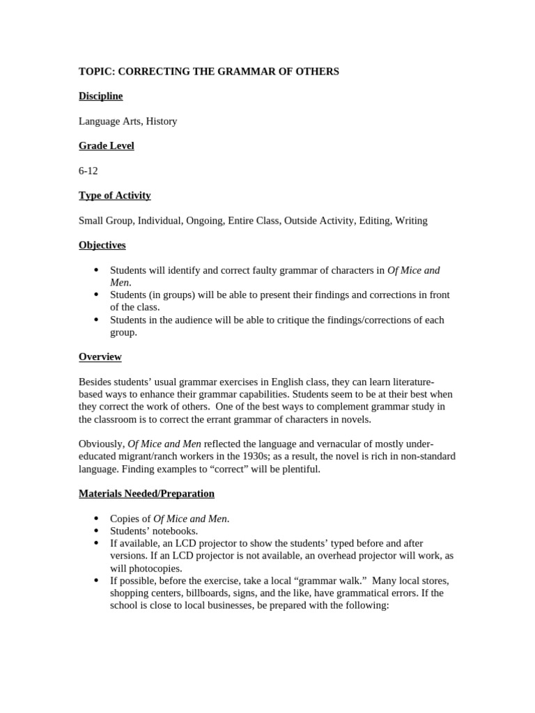 Grammar Correction in Of Mice and Men | PDF | Reading Comprehension ...