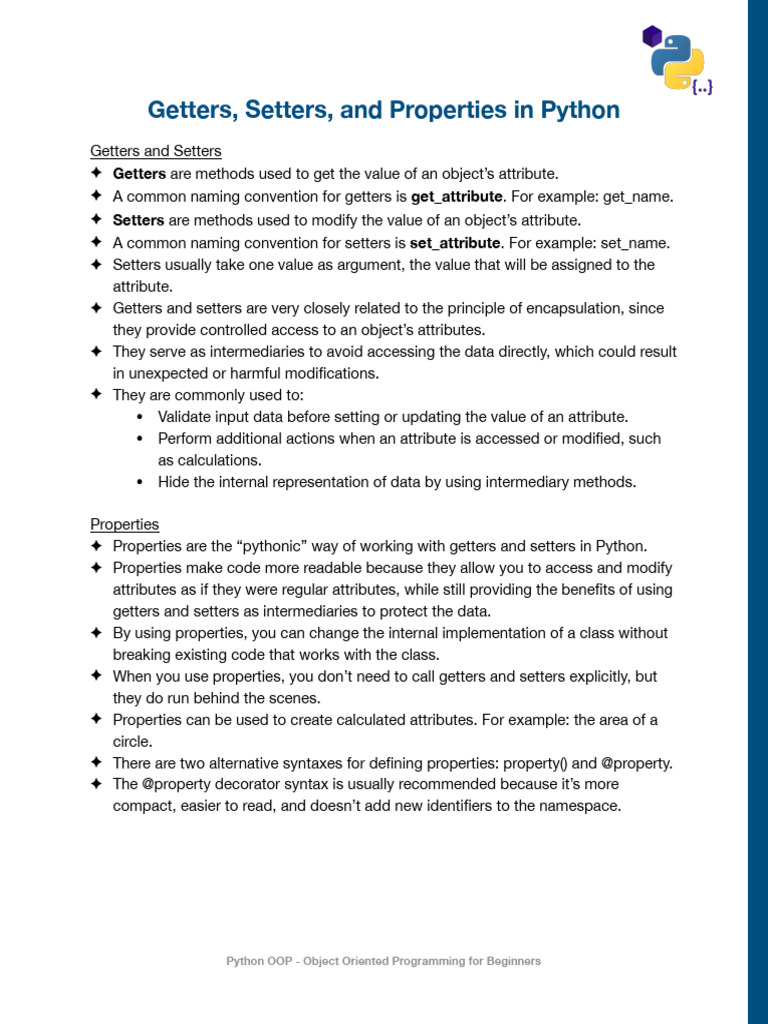 Properties in Python Handout | PDF | Object Oriented Programming | Python (Programming Language)