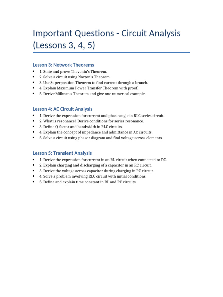 Circuit Analysis Important Questions | PDF