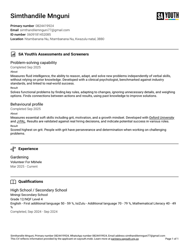 Simthandile Mnguni CV | PDF