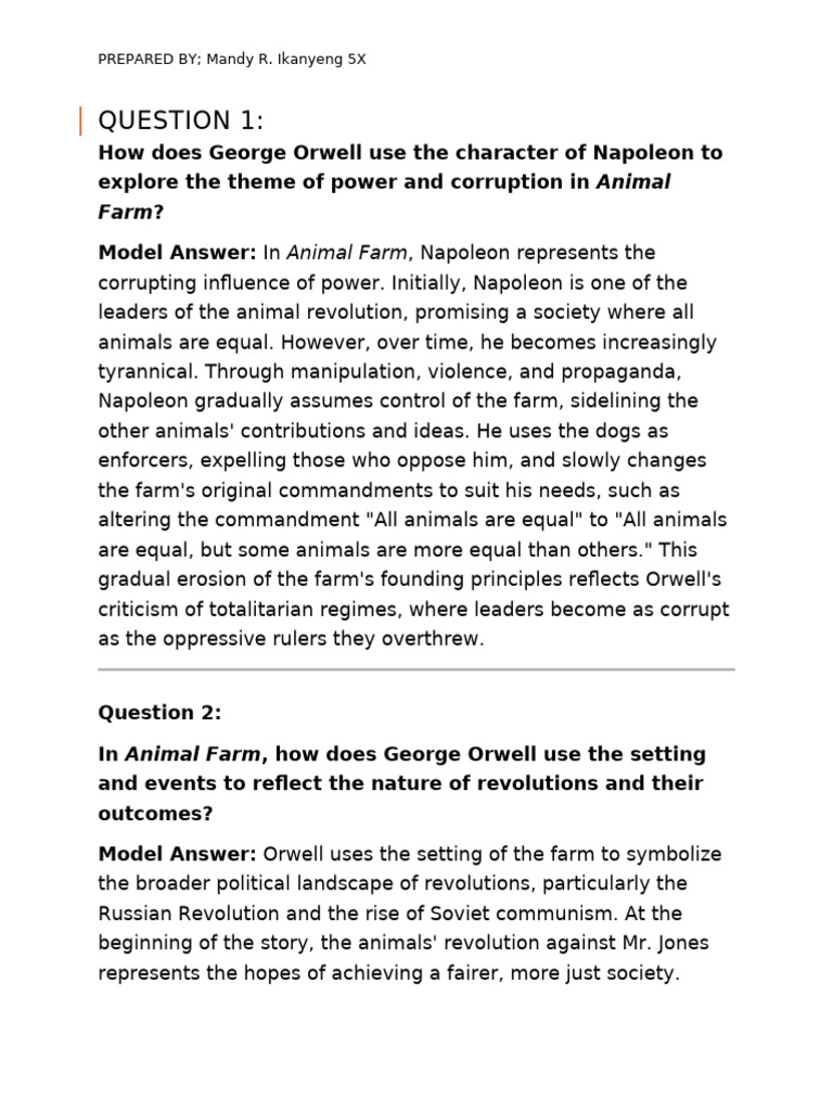 Animal Farm Revision With Answers | PDF | Political Science