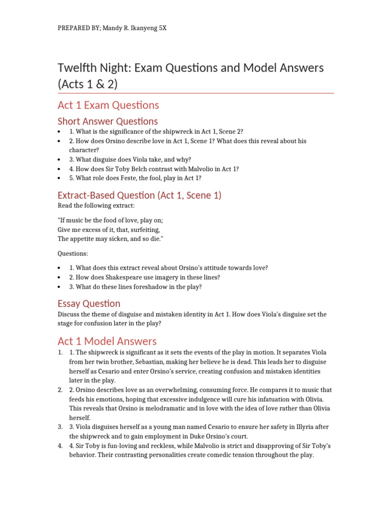 Twelfth Night Exam Questions & Answers | PDF | Twelfth Night