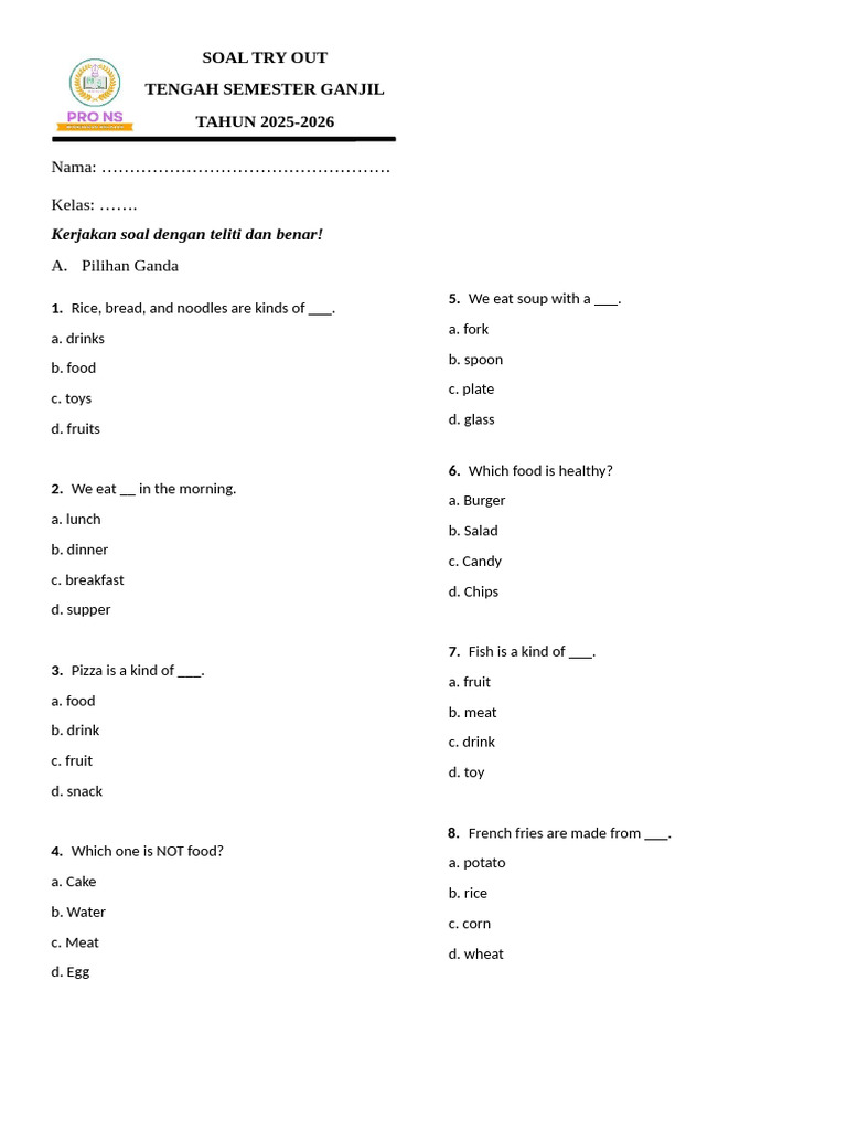 Try Out Questions for Semester 1 2025-2026 | PDF | Drink | Lunch