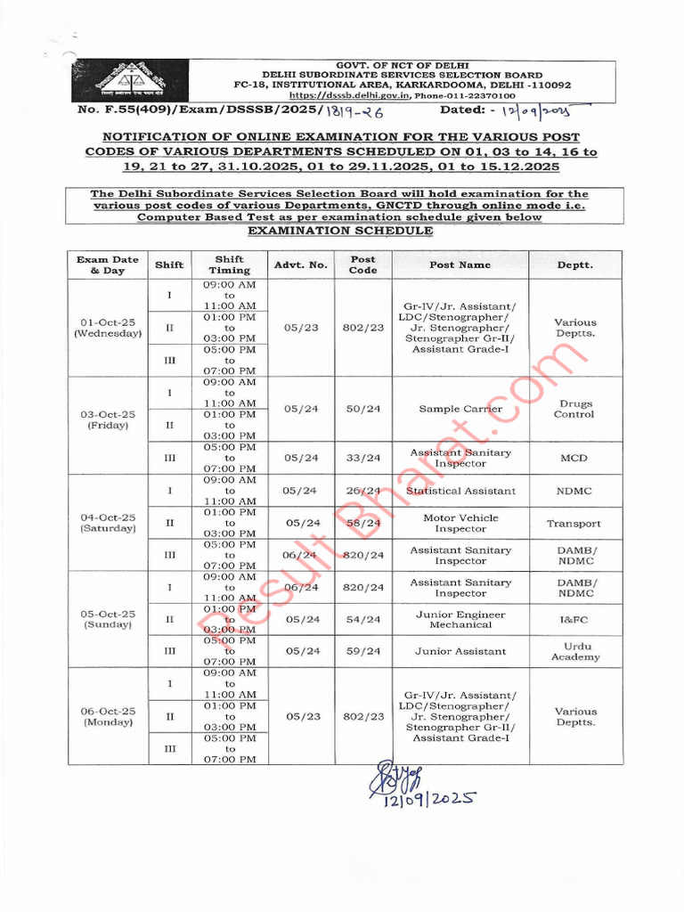 DSSSB Exam Schedule Oct - To - Dec 2025 | PDF