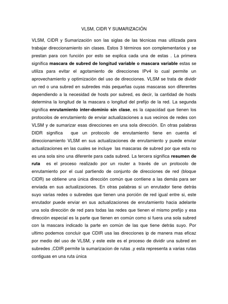 VLSM, CIDR y Sumarización | PDF | Red de computadoras | Dirección IP
