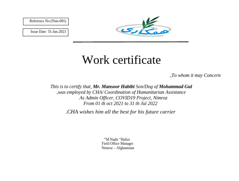 Work Certificate CHA_c30b8169 e794 4ba1 a792 7ec3e84cec24 | PDF