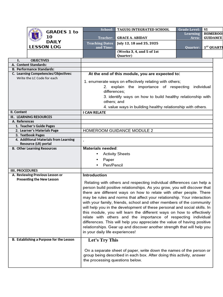Grade VI Homeroom Guidance Lesson Plan | PDF | Learning | Education Theory