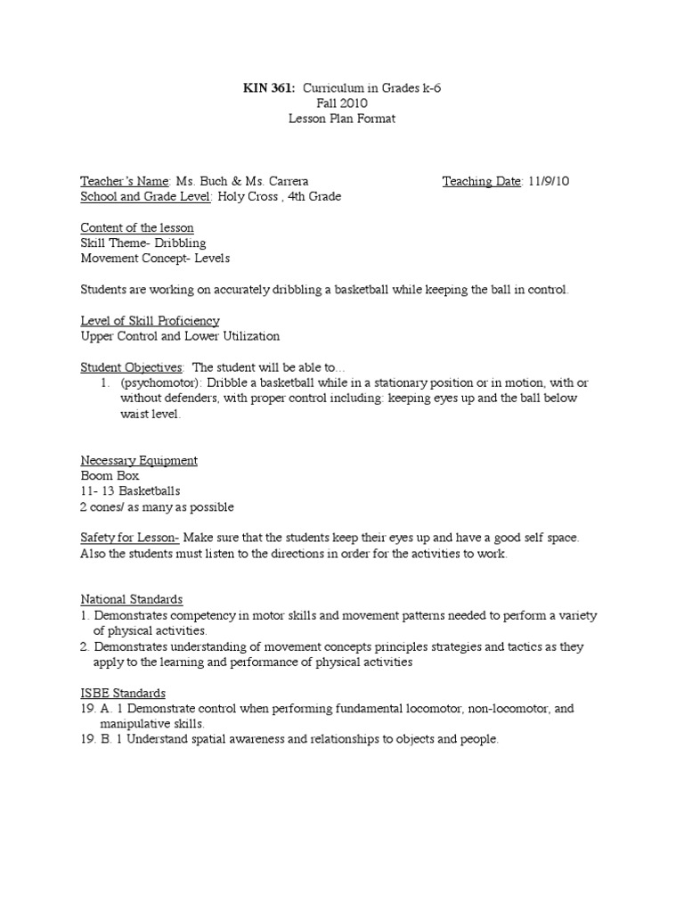 4th Grade Basketball Dribbling Lesson | PDF | Cognition | Sports