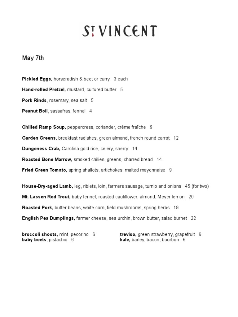ST Vincent Menu NEW | PDF | Cooking, Food & Wine