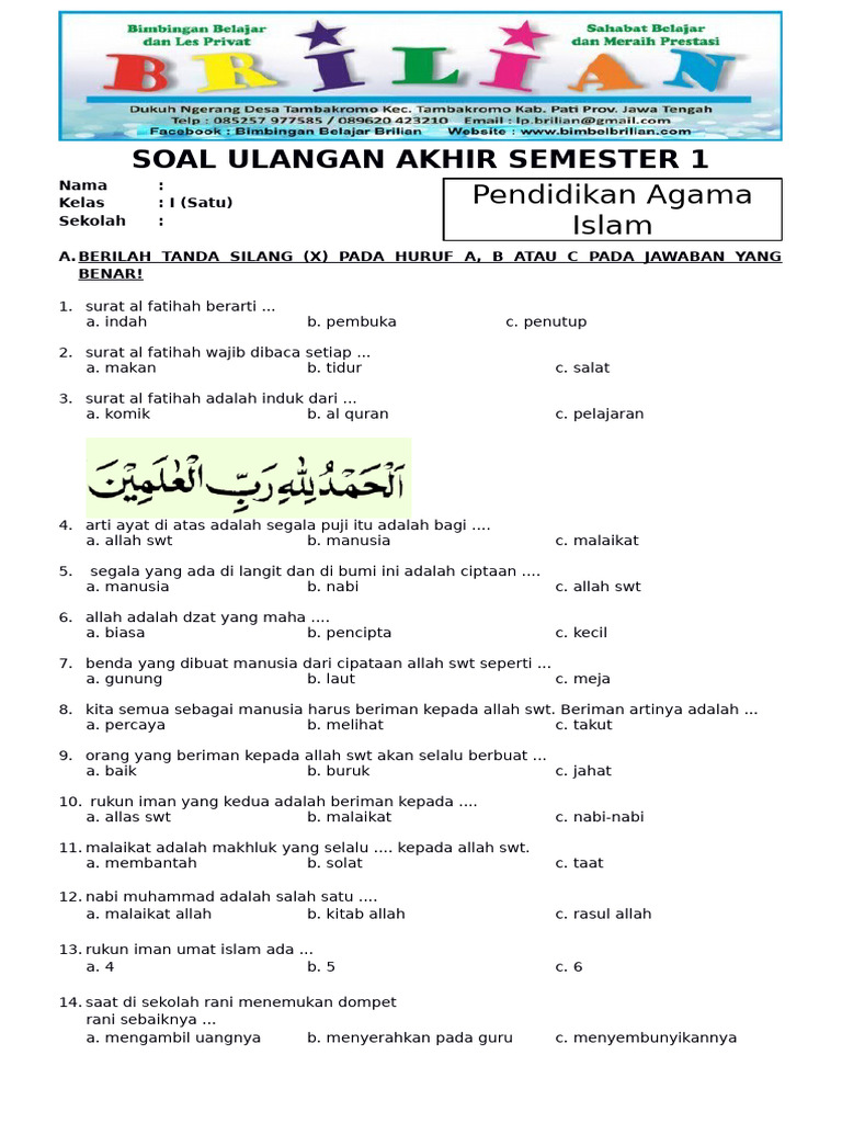 389760573 Soal UAS PAI Kelas 1 SD Semester 1 Ganjil Dan Kunci Jawaban Www Bimbelbrilian Com | PDF