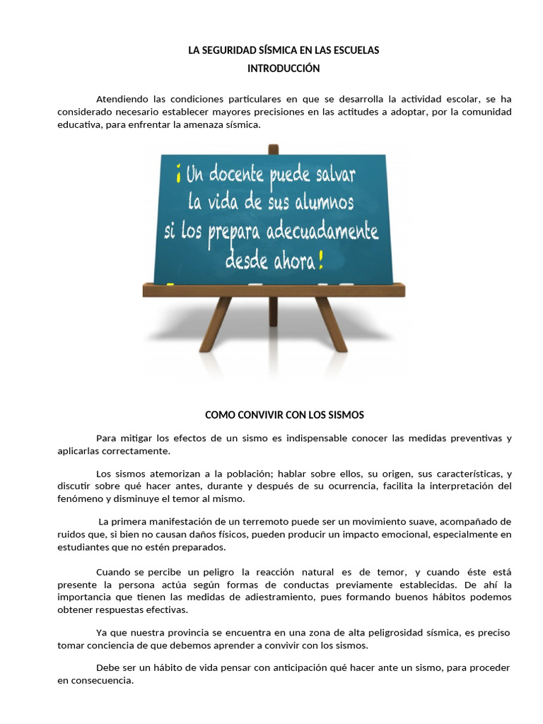 LA SEGURIDAD SÍSMICA EN LAS ESCUELAS original | PDF | Temblores | Salón ...