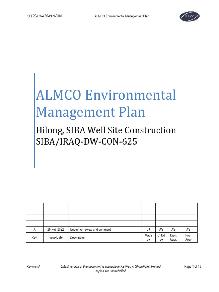 SBF20 DW 460 PLN 0004 ALMCO Environmental Management Plan | PDF | Waste Management | Waste