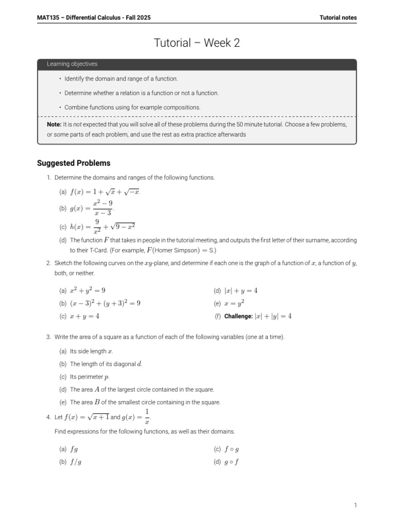 MAT135 - F2025 Tutorial Week 2 | PDF | Function (Mathematics) | Mathematics