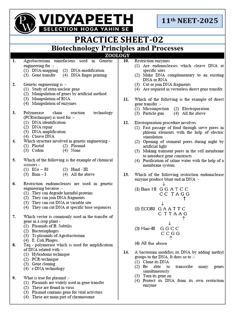 Practice Sheet-02 - Biotechnology Principles and Processes - 11th NEET - Zoology - Question ...