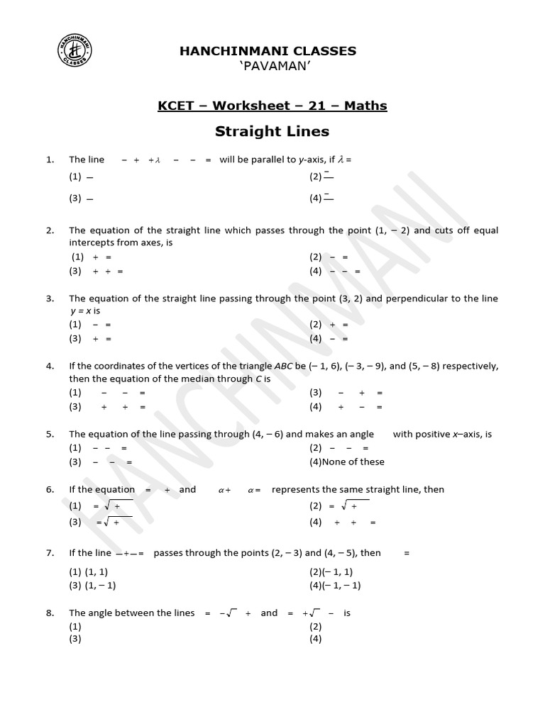 KCET Worksheet 21 Maths Straight Lines | PDF | Line (Geometry ...