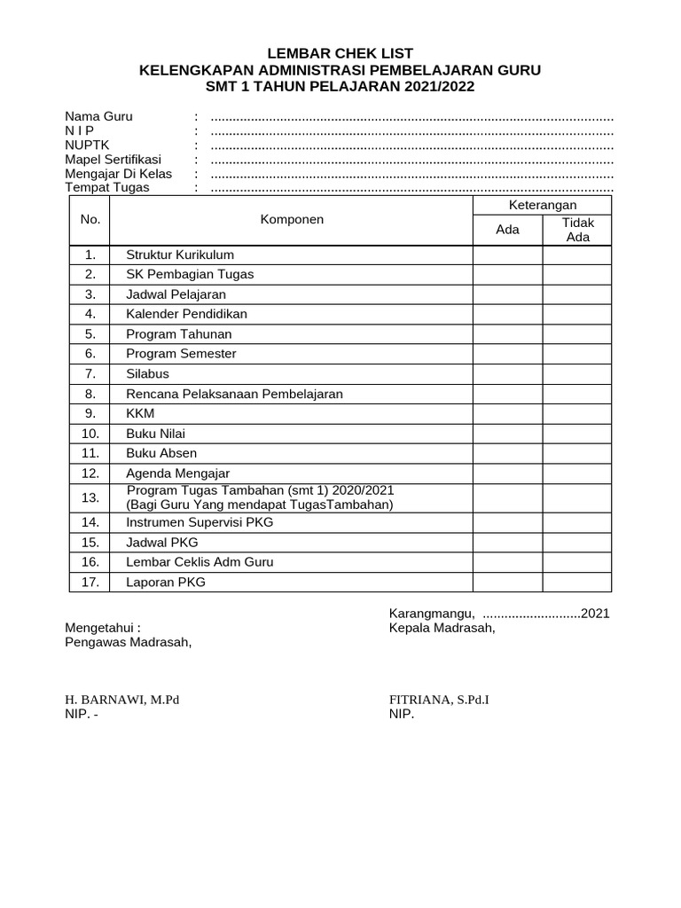 Lembar Cheklist Kelengkapan Pkg | PDF