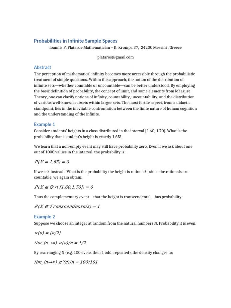 Probabilities in Infinite Sample Spaces | PDF | Numbers | Infinity