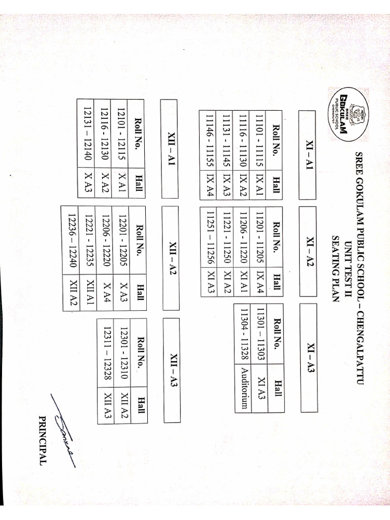 Class XI & XII - Unit Test II - Seating Plan | PDF