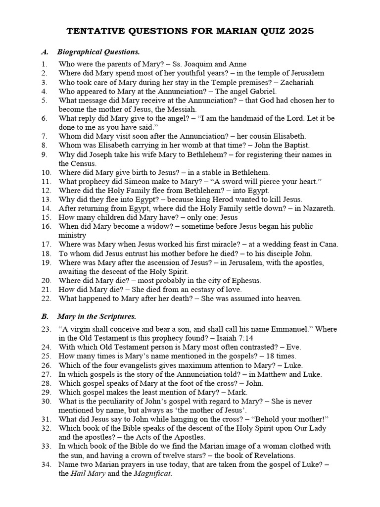 Marian Quiz Questions for 2025 | PDF | Mary, Mother Of Jesus | John The ...