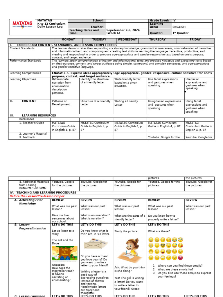 Matatag DLL Week 6 English G4 | PDF | Curriculum | Narrative