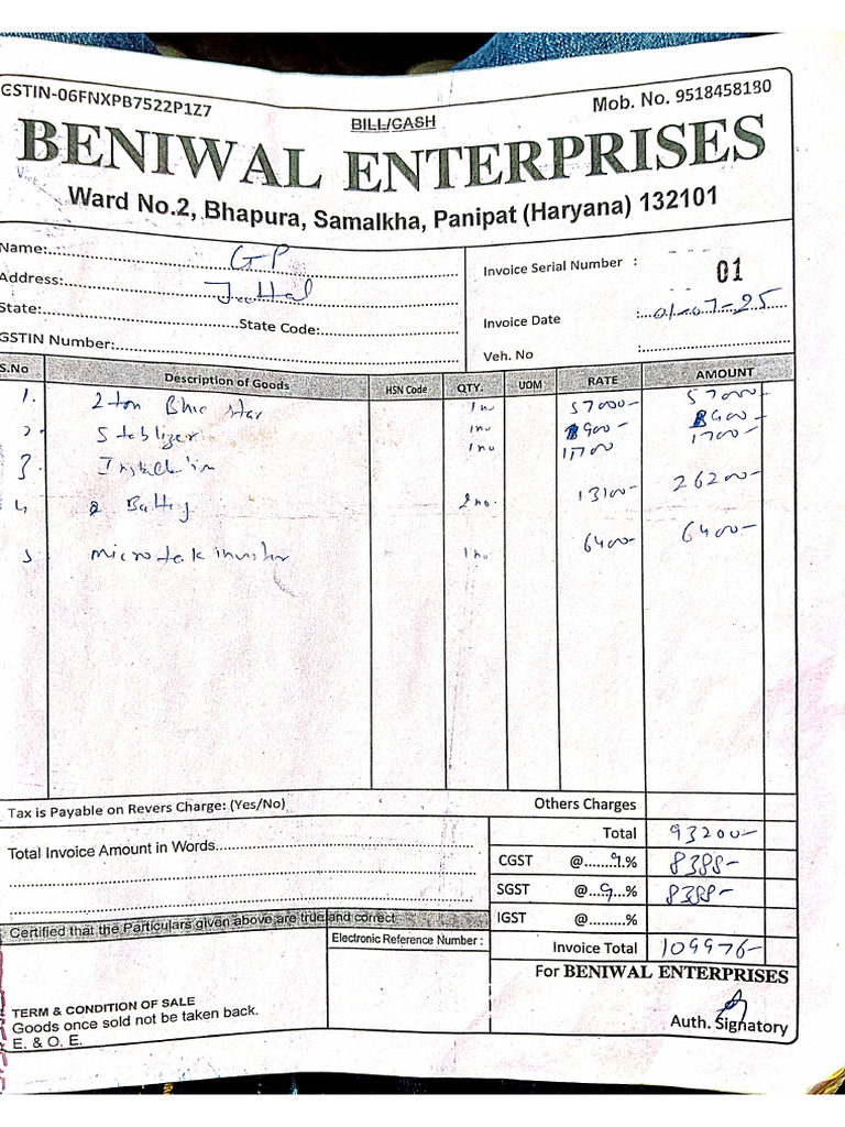 Beniwal Enterprises Bill | PDF