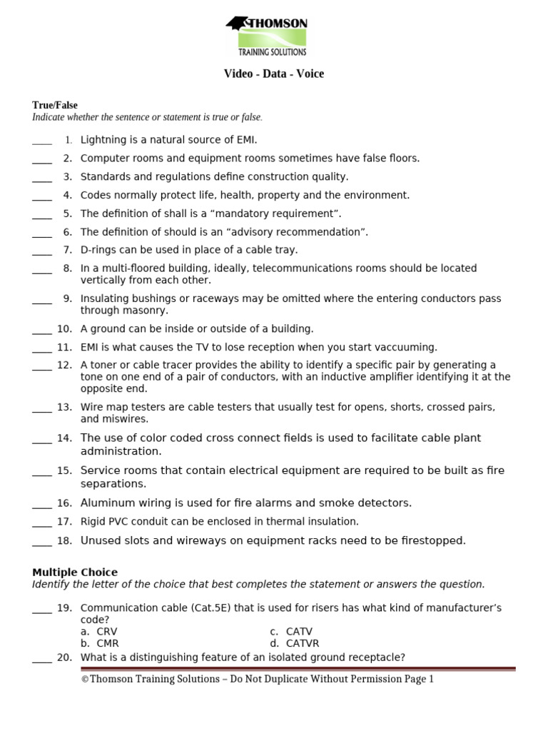 Final Test Without Answers VDV Test - Student Handout | PDF ...