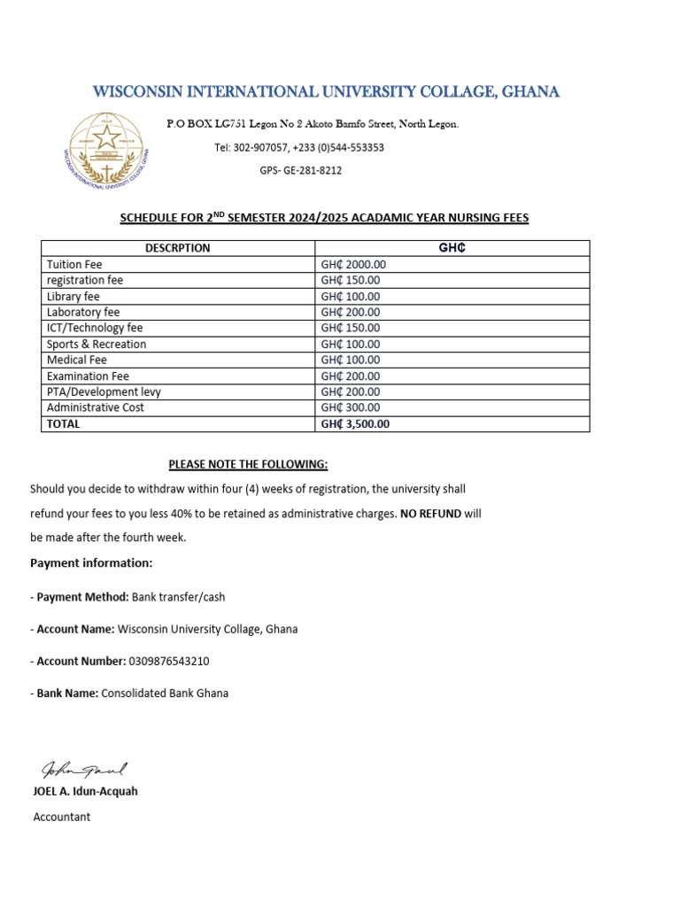 Wisconsin 2024 2025 Acadamic Year Nursing Fees | PDF