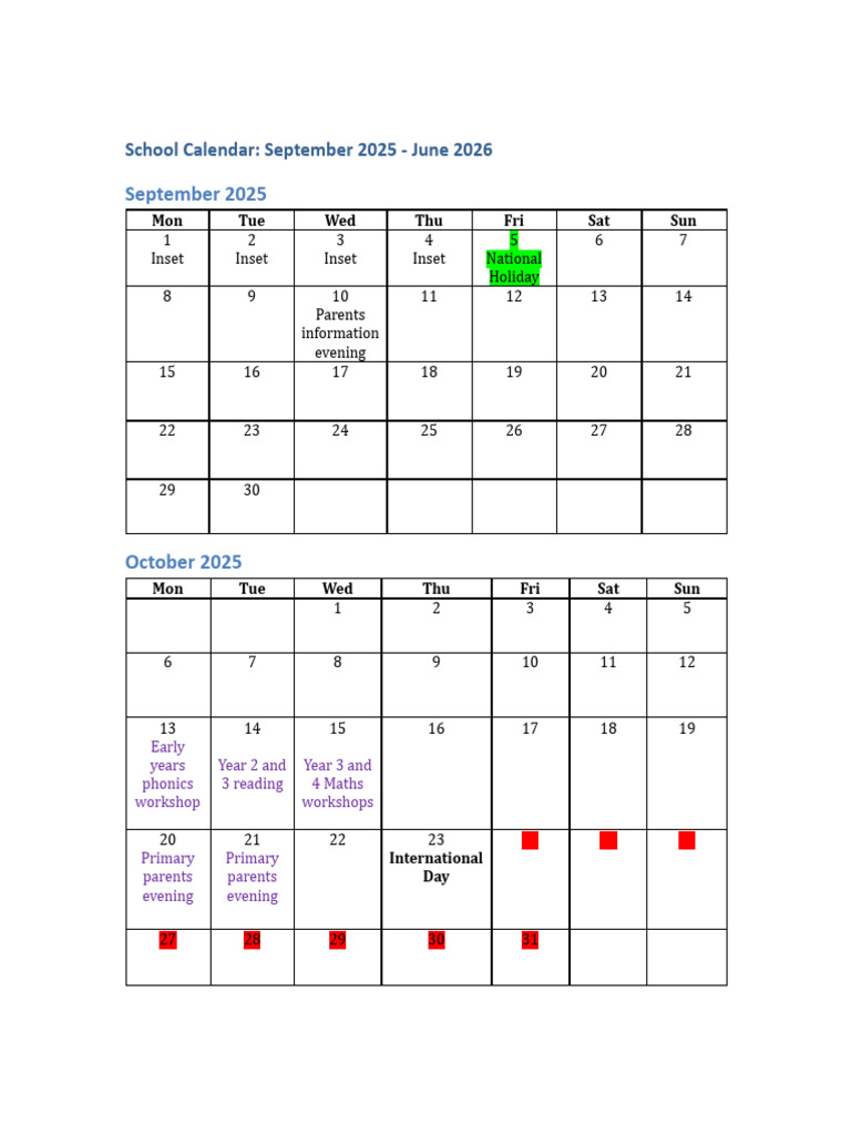 School Calendar 2025 2026.docx 3 | PDF | Reading (Process) | Learning ...