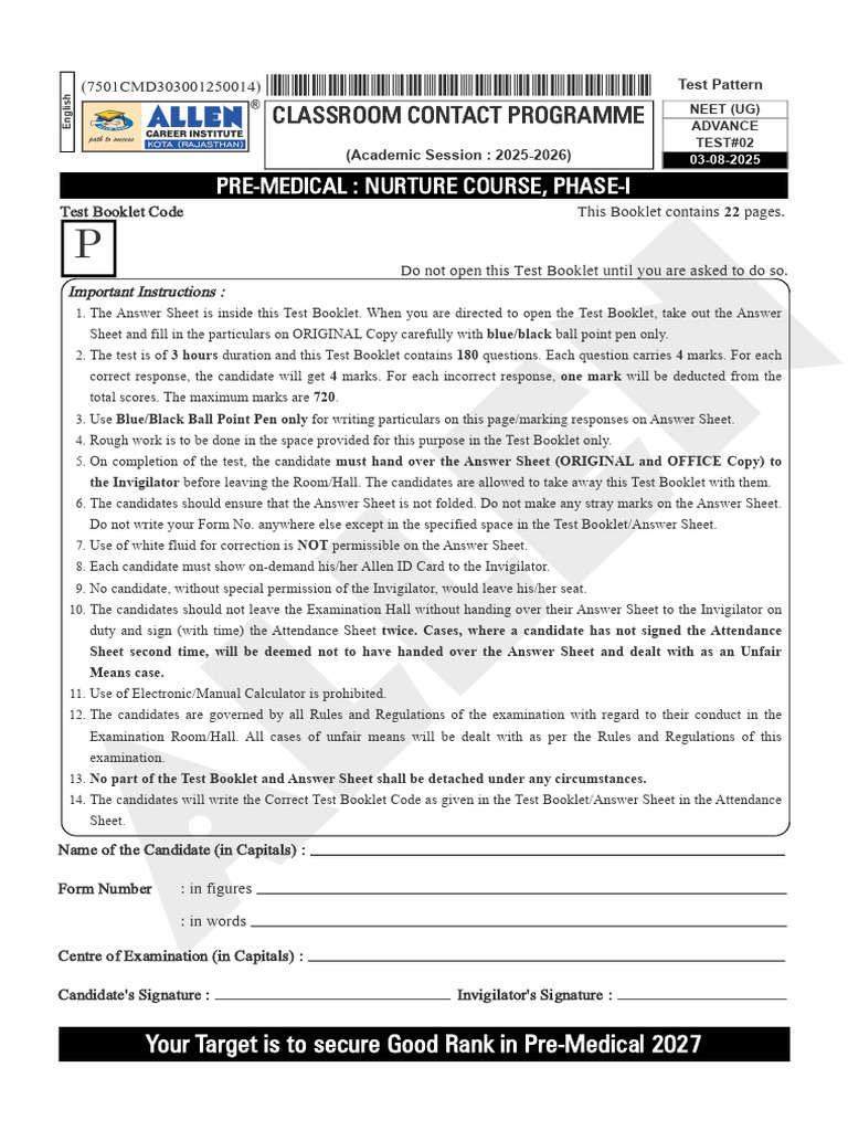NEET UG Physics Test Booklet 2025 | PDF | Force | Acid