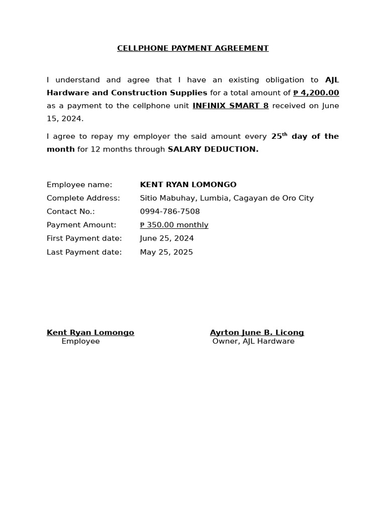 Cellphone Installment Agreement Sample | PDF