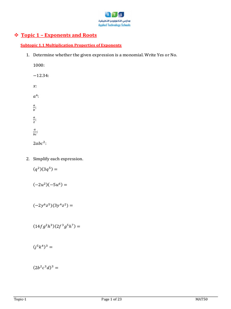 MAT50-Topic 1-Exponents and Roots - QP (1) - 1 | PDF | Mathematics