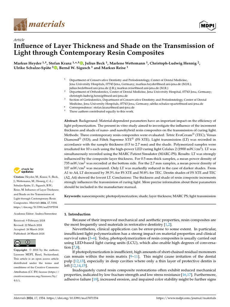 Light Transmission in Resin Composites | PDF | Dental Composite | Materials