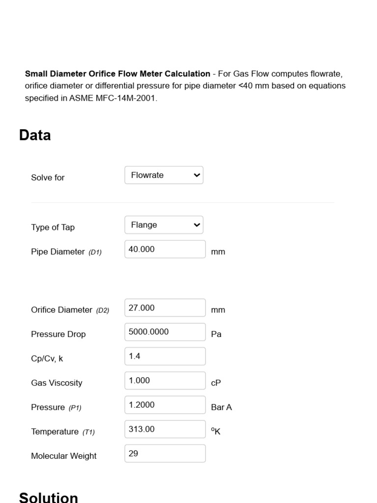 Small Diameter Orifice Flow Meter Calculation For Gas Flow | PDF