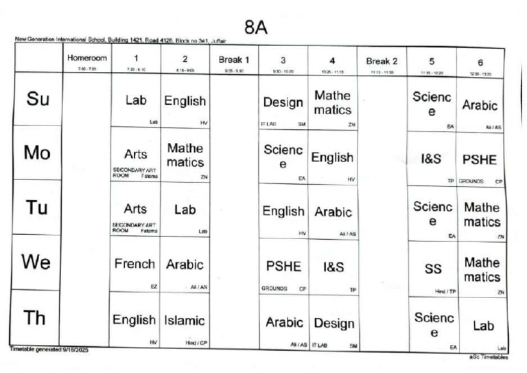 TimeTable 8A | PDF