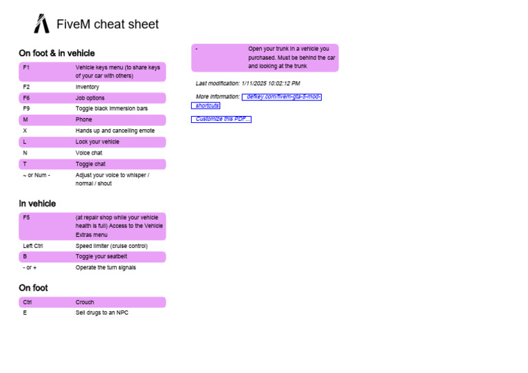 FiveM Key Bindings Cheat Sheet | PDF