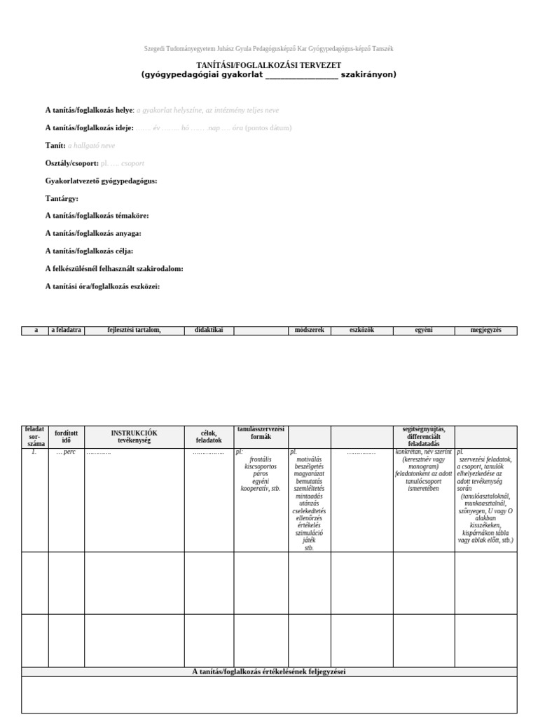 Tanítási - Foglalkozási Tervezet Sablon | PDF