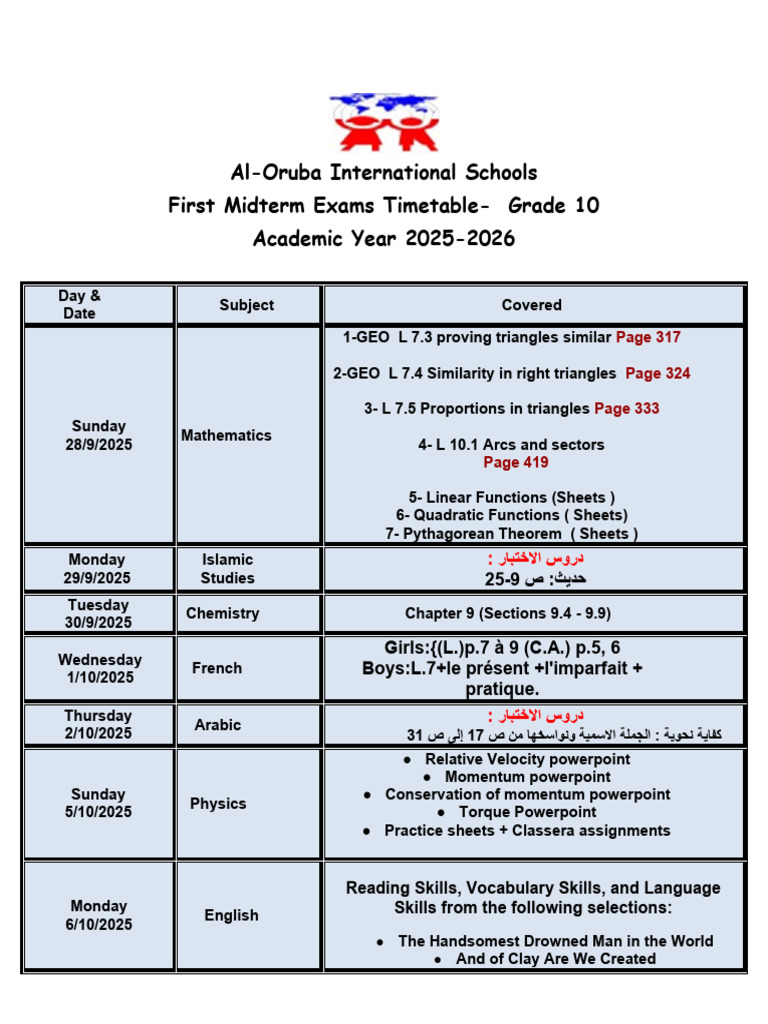 First Midterm Exams Timetable Draft1!25!26 | PDF | Mathematics