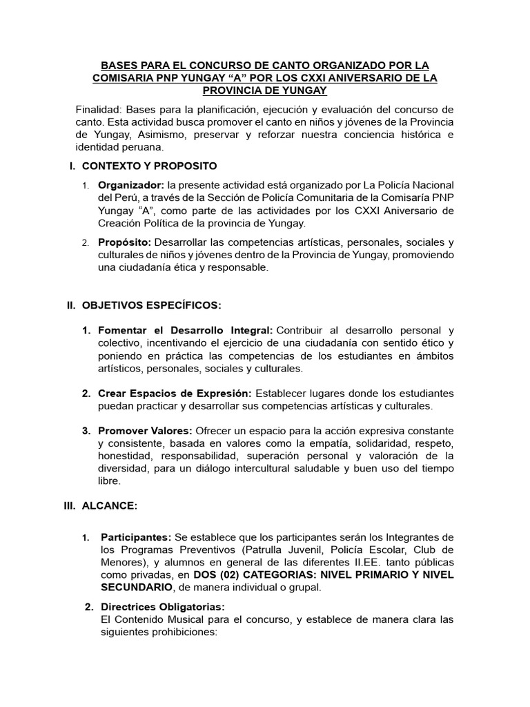 Bases para El Concurso de Canto PNP | PDF