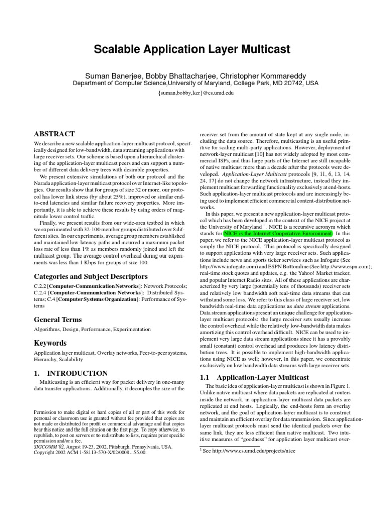 Scalable Application Layer Multicast: Suman Banerjee, Bobby ...