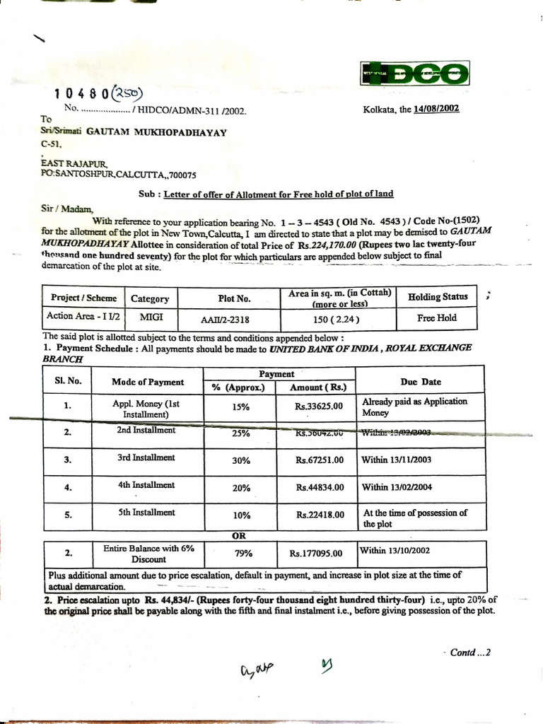 Allotment Letter | PDF