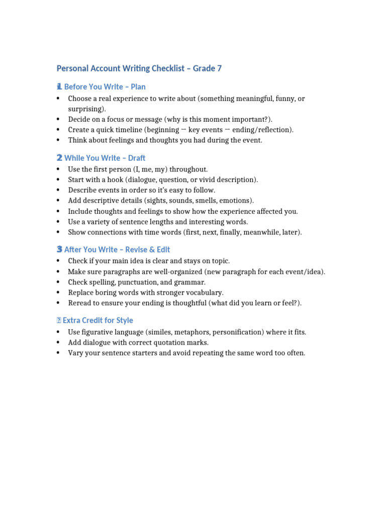 Personal Account Writing Checklist - Grade 7 - 2025!10!01T19!07!38 ...