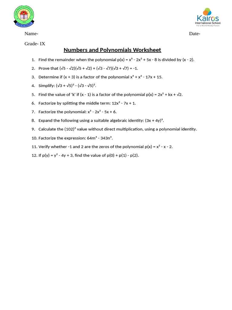 Numbers and Polynomials Worksheet1111 | PDF