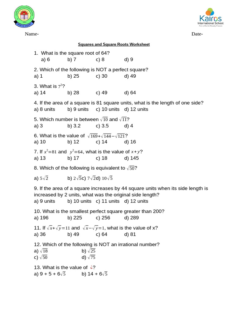 Squares and Square Roots Worksheet | PDF