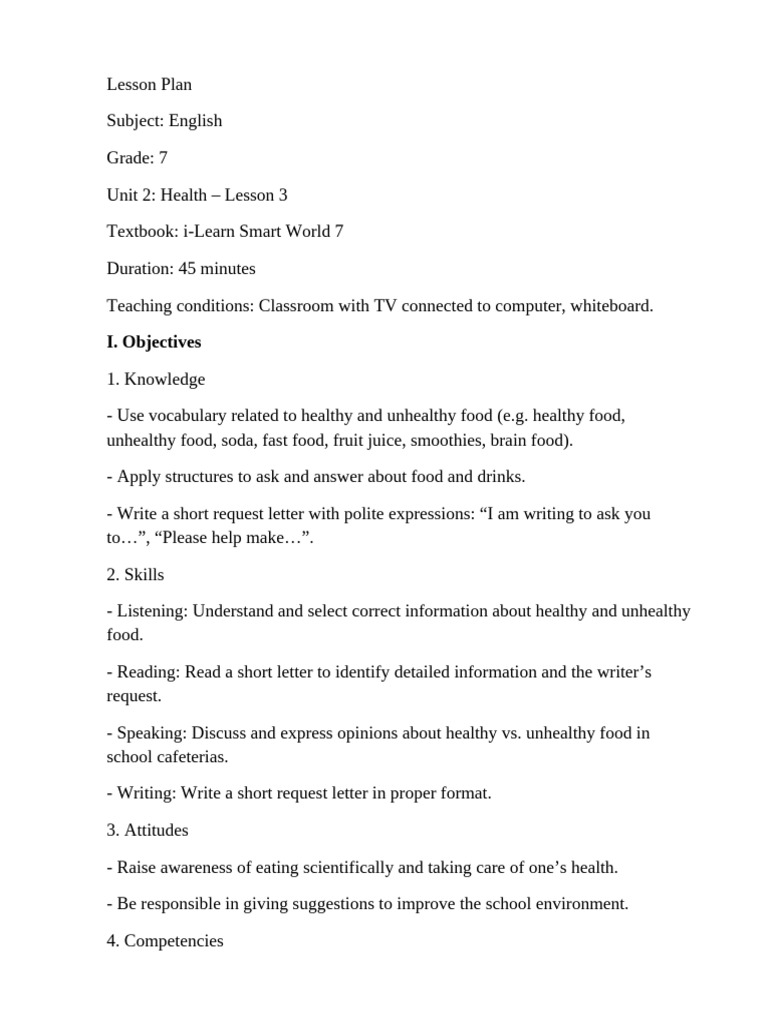 Lesson Plan Unit2 Health | PDF | Lesson Plan | Learning