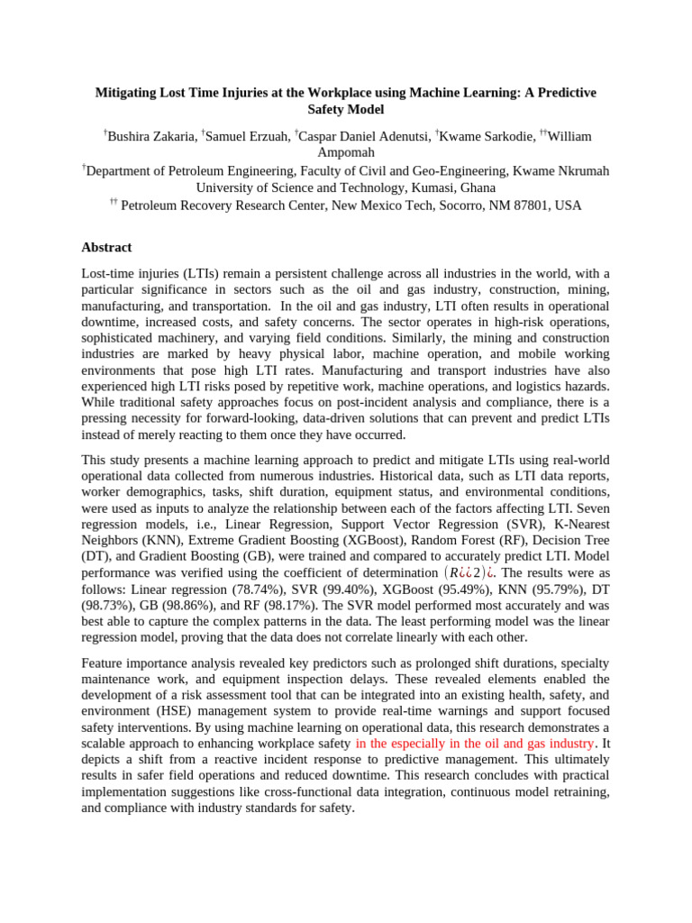 Mitigating Lost Time Injuries at The Workplace Using Machine Learning A Predictive Safety Model ...