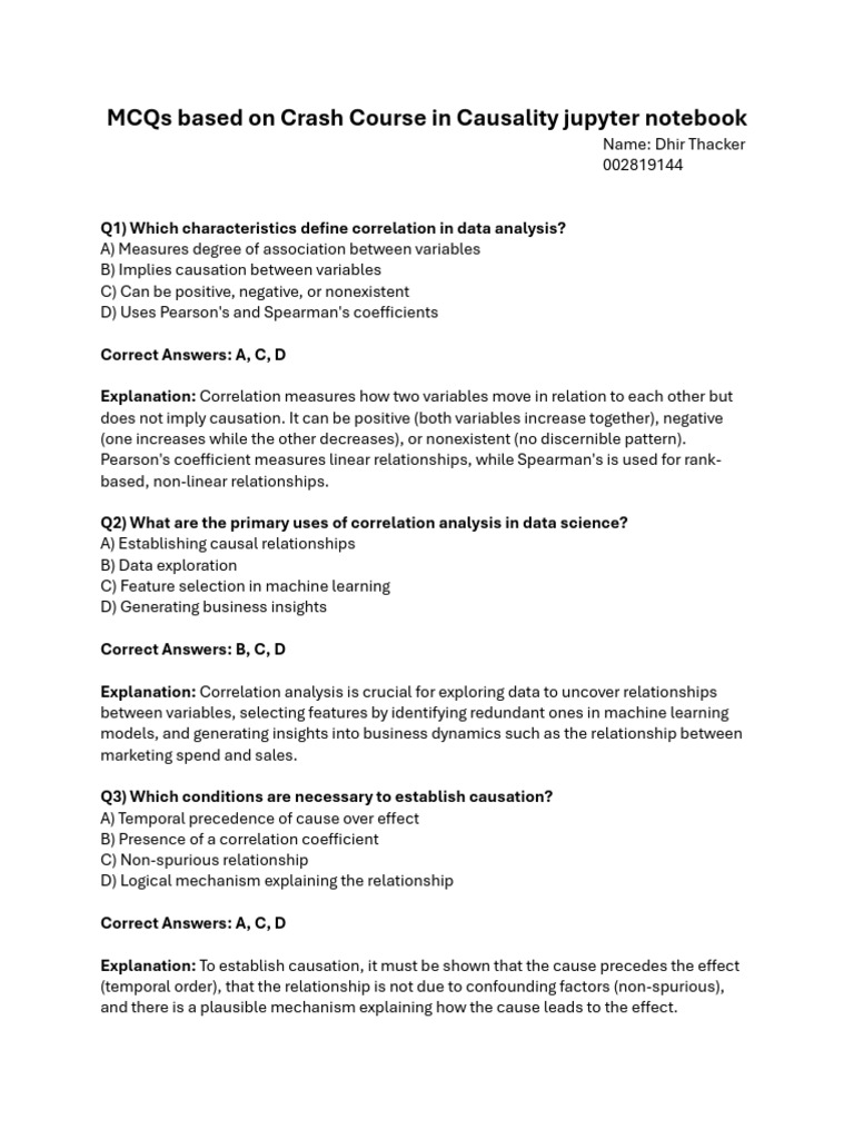 MCQs on Correlation and Causation | PDF | Causality | Confounding